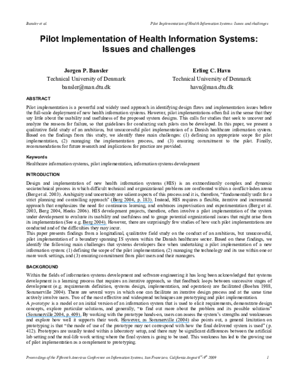 (PDF) Pilot implementation of health information systems: Issues and ...