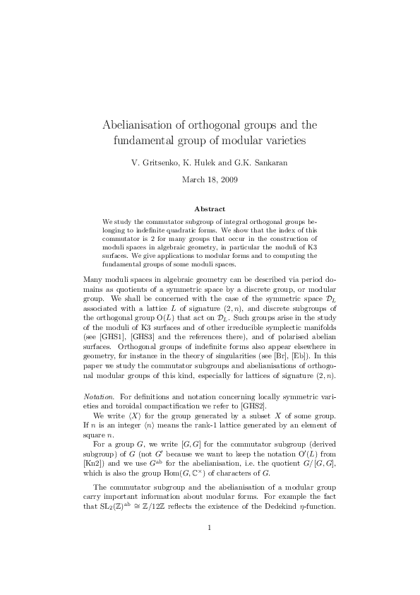 Pdf Abelianisation Of Orthogonal Groups And The Fundamental Group Of Modular Varieties