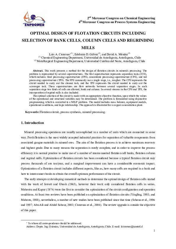 (PDF) Optimal Design of Flotation Circuits Including Selection of Bank Cells, Column Cells and ...