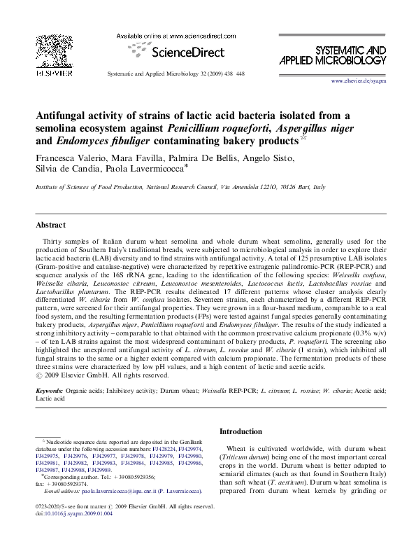 (PDF) Antifungal activity of strains of lactic acid bacteria isolated from a semolina ecosystem ...