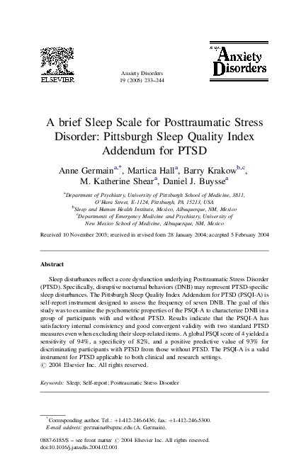 (PDF) A brief Sleep Scale for Posttraumatic Stress Disorder: Pittsburgh ...