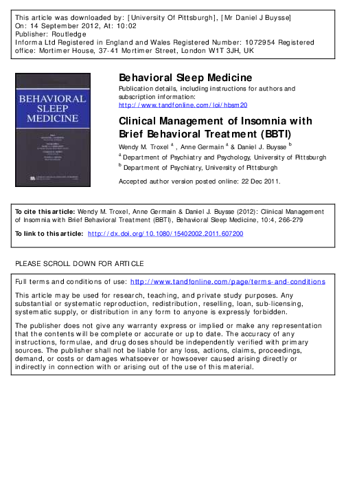 Pdf Clinical Management Of Insomnia With Brief Behavioral Treatment