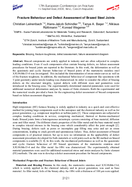 (PDF) Fracture Behaviour and Defect Assessment of Brazed Steel Joints