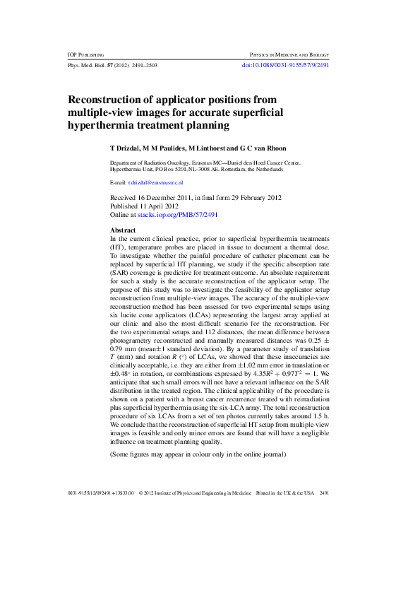 (PDF) Reconstruction of applicator positions from multiple-view images for accurate superficial ...