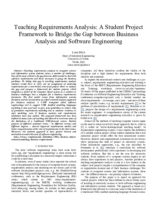 (PDF) Teaching Requirements Analysis: A Student Project Framework to ...