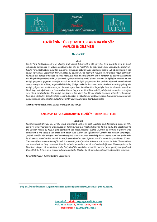 (PDF) Fuzûlî’Nin Türkçe Mektuplarinda Bir Söz Varliği İncelemesi