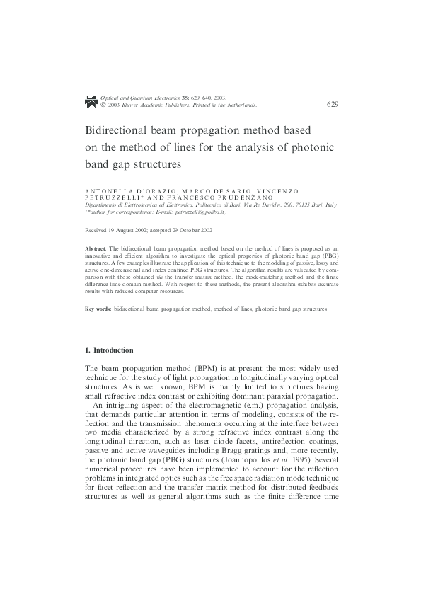 Pdf Bidirectional Beam Propagation Method Based On The Method Of Lines For The Analysis Of