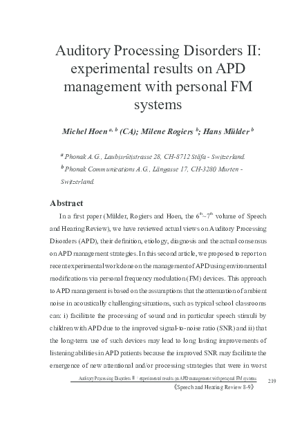 (PDF) Auditory Processing Disorders II: experimental results on APD ...