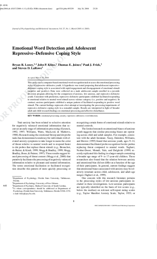 (PDF) Emotional Word Detection and Adolescent Repressive?Defensive ...