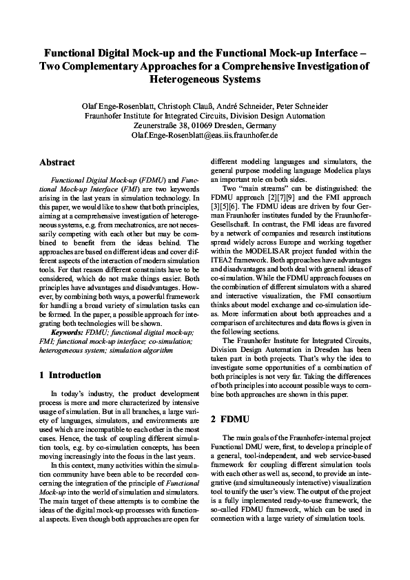 Pdf Functional Digital Mock Up And The Functional Mock Up Interface