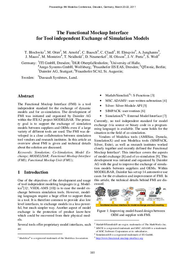 (PDF) The Functional Mockup Interface for Tool independent Exchange of Simulation Models