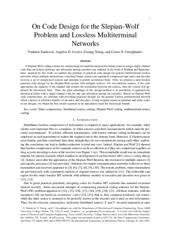 (PDF) On code design for the Slepian-Wolf problem and lossless multiterminal networks