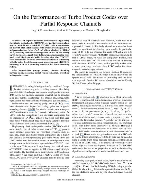 (PDF) On the performance of turbo product codes over partial response channels