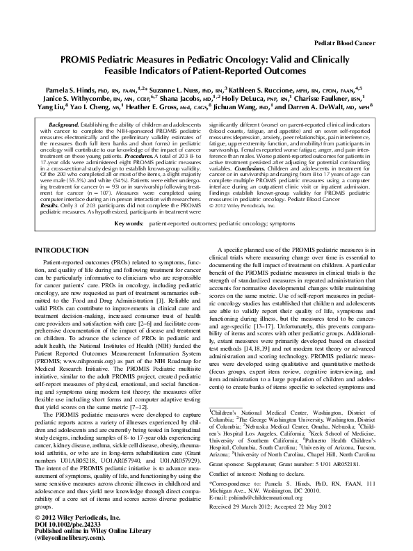 (PDF) PROMIS pediatric measures in pediatric oncology: Valid and ...