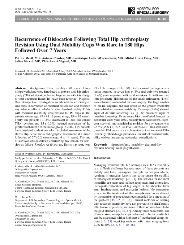 Pdf Recurrence Of Dislocation Following Total Hip Arthroplasty Revision Using Dual Mobility