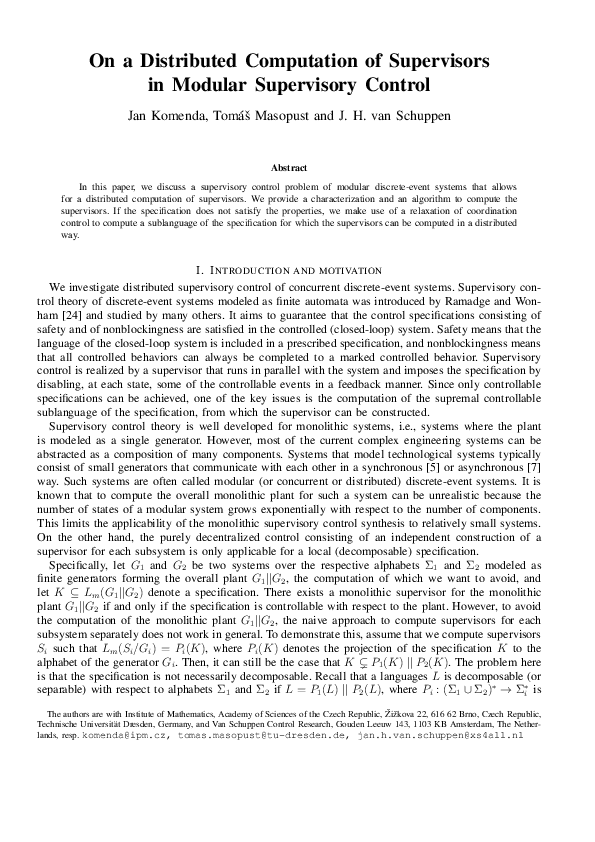 Pdf On A Distributed Computation Of Supervisors In Modular