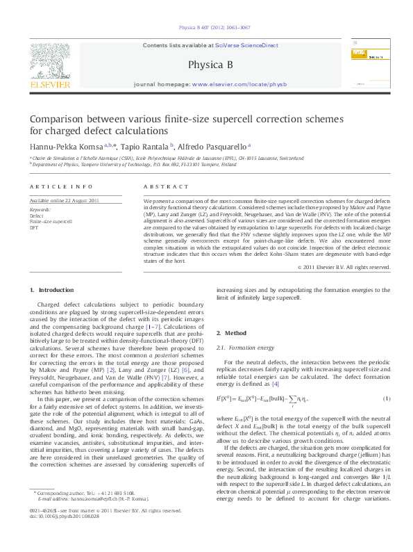 (PDF) Comparison between various finite-size supercell correction schemes for charged defect ...