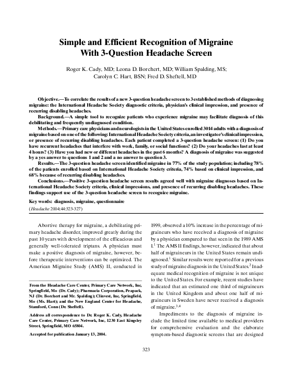 (PDF) Simple and Efficient Recognition of Migraine With 3-Question ...