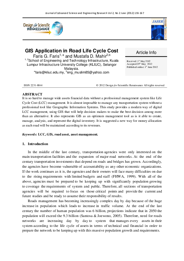(PDF) GIS Application in Road Life Cycle Cost
