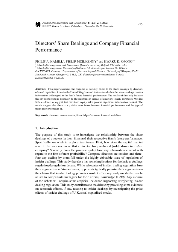 (PDF) Directors' Share Dealings and Company Financial Performance