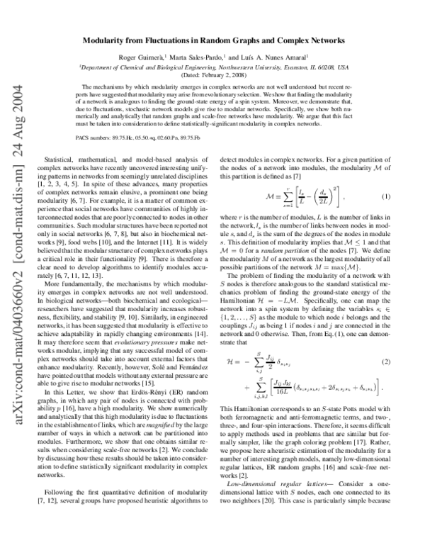 Pdf Modularity From Fluctuations In Random Graphs And Complex Networks
