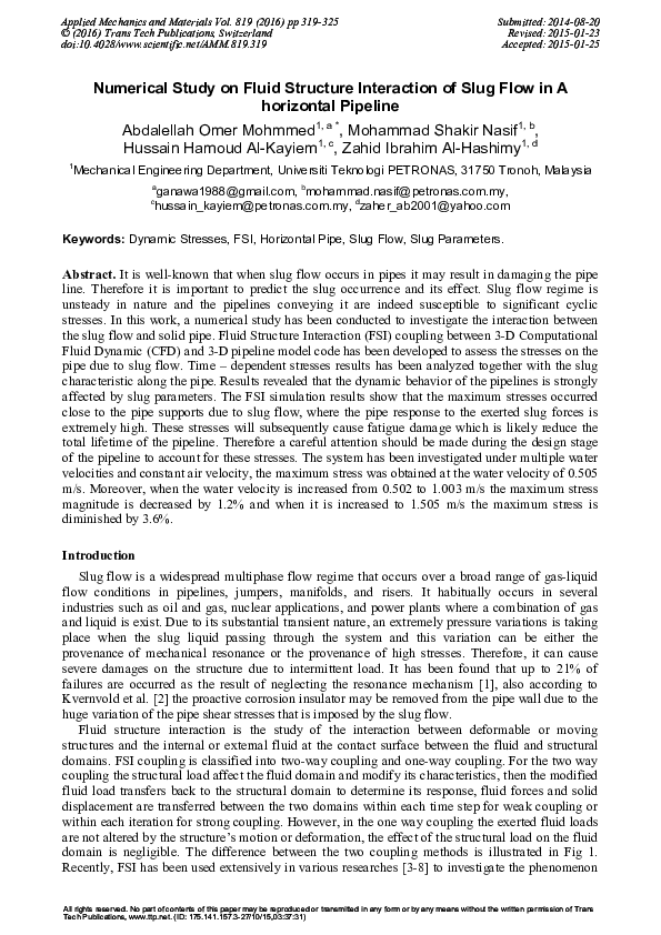 (PDF) Numerical Study on Fluid Structure Interaction of Slug Flow in A horizontal Pipeline