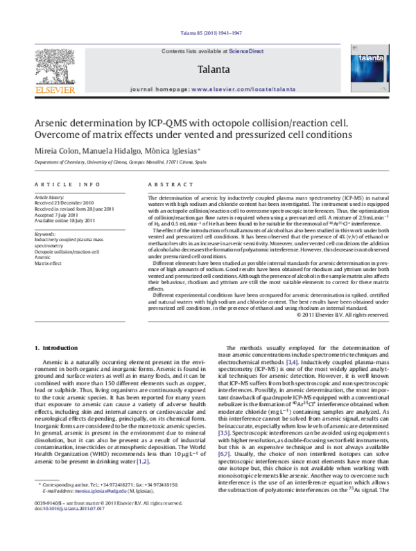 Pdf Arsenic Determination By Icp Qms With Octopole Collision Reaction Cell Overcome Of Matrix