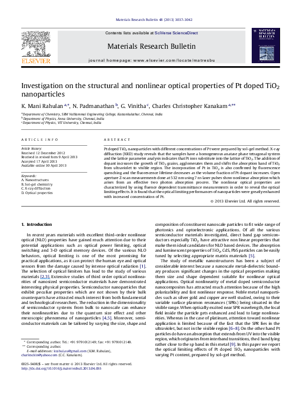 (PDF) Investigation on the structural and nonlinear optical properties of Pt doped TiO2 ...