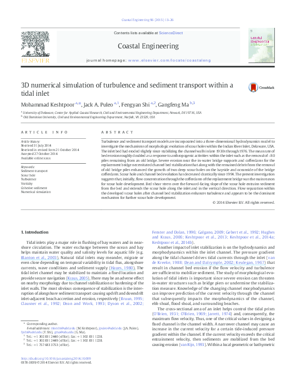 (PDF) 3D numerical simulation of turbulence and sediment transport within a tidal inlet