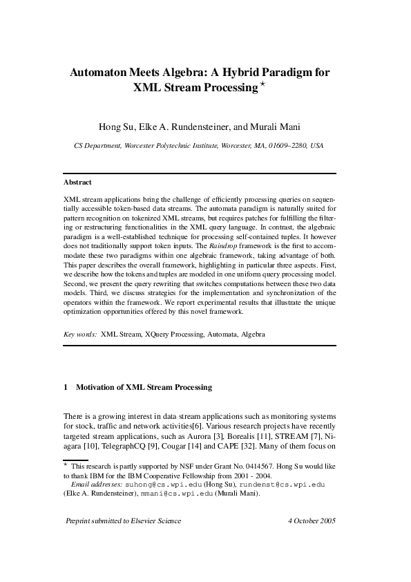 (PDF) Automaton meets algebra: A hybrid paradigm for XML stream processing