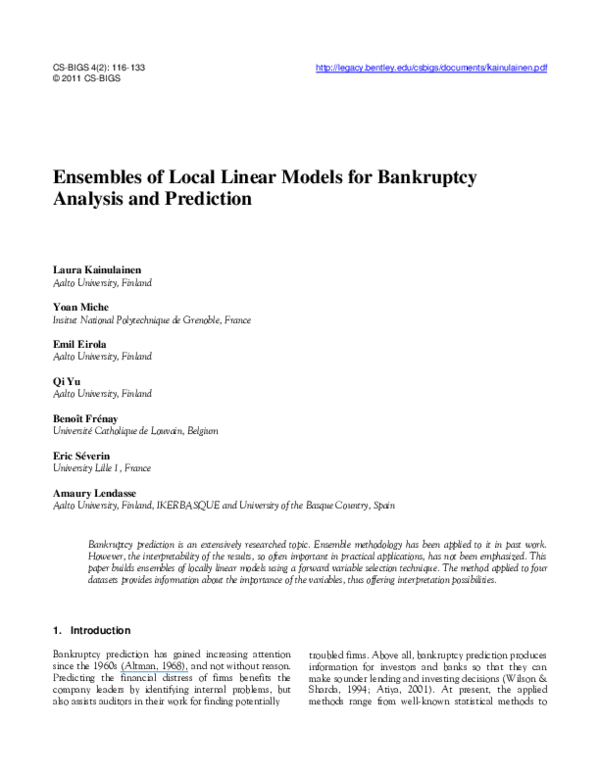 (PDF) Ensembles of Local Linear Models for Bankruptcy Analysis and Prediction