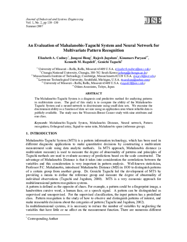 (PDF) A Comparison Study of Mahalanobis-Taguchi System and Neural Network for Multivariate ...