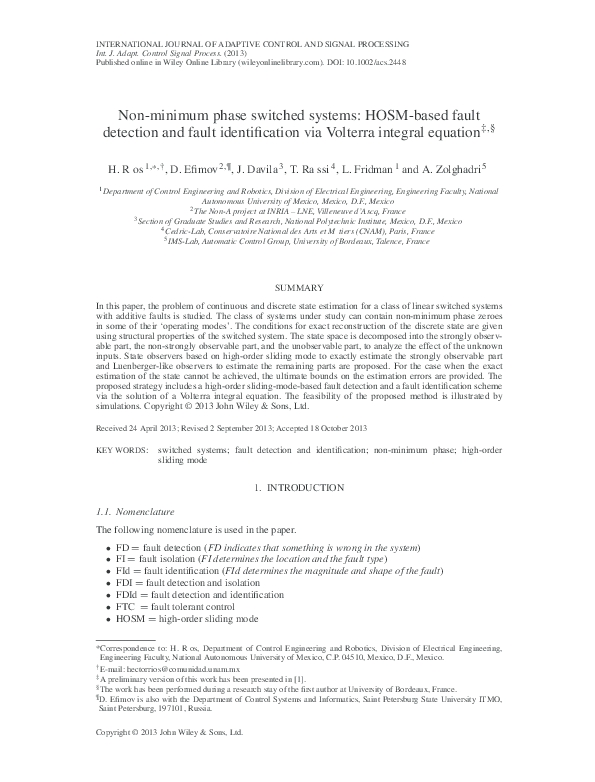 (PDF) Non-minimum phase switched systems: HOSM-based fault detection and fault identification ...