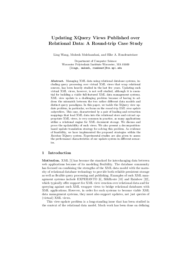 (PDF) Updating XQuery views published over relational data: A round-trip case study