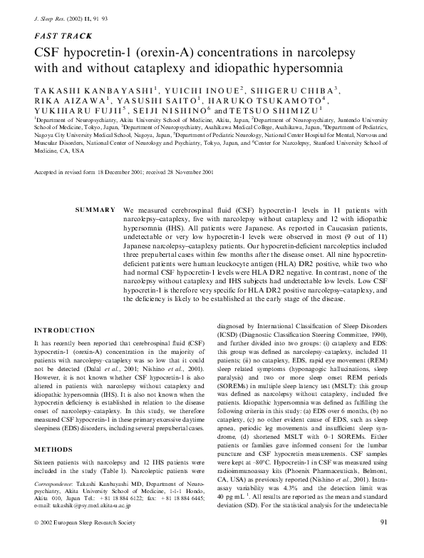 (PDF) CSF hypocretin-1 (orexin-A) concentrations in narcolepsy with and ...