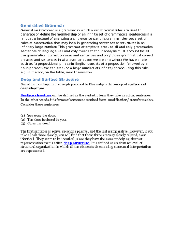 (DOC) Generative Grammar Deep and Surface Structure