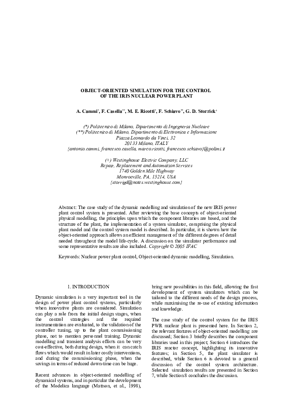 (PDF) Object-Oriented Simulation for the Control of the Iris Nuclear Power Plant