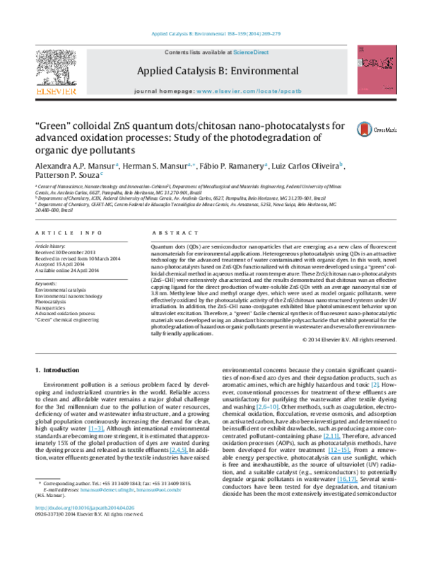(PDF) “Green” colloidal ZnS quantum dots/chitosan nano-photocatalysts ...