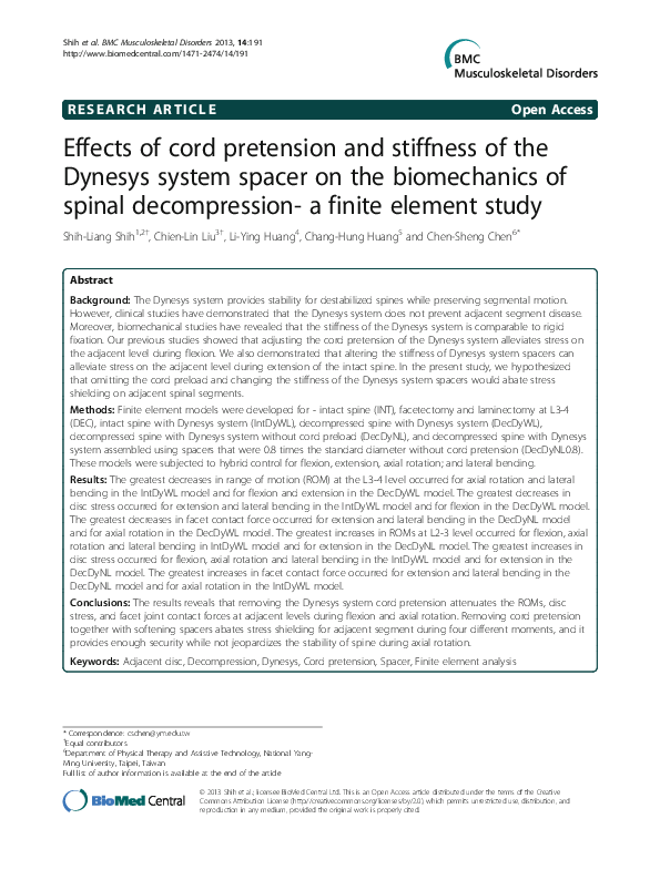 (PDF) Effects of cord pretension and stiffness of the Dynesys system spacer on the biomechanics ...