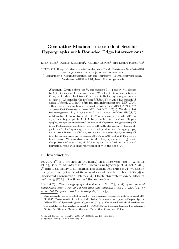 (PDF) Generating Maximal Independent Sets for Hypergraphs with Bounded Edge-Intersections