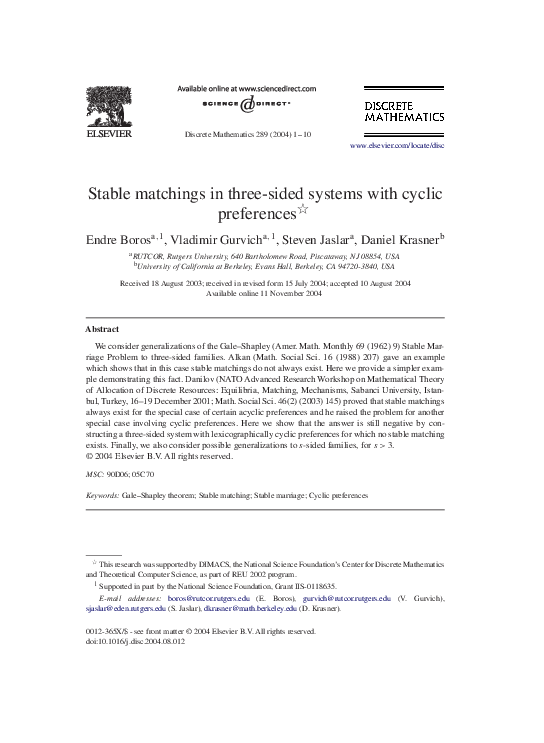 (PDF) Stable matchings in three-sided systems with cyclic preferences
