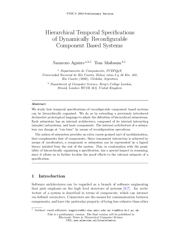 Pdf Hierarchical Temporal Specifications Of Dynamically Reconfigurable Component Based Systems