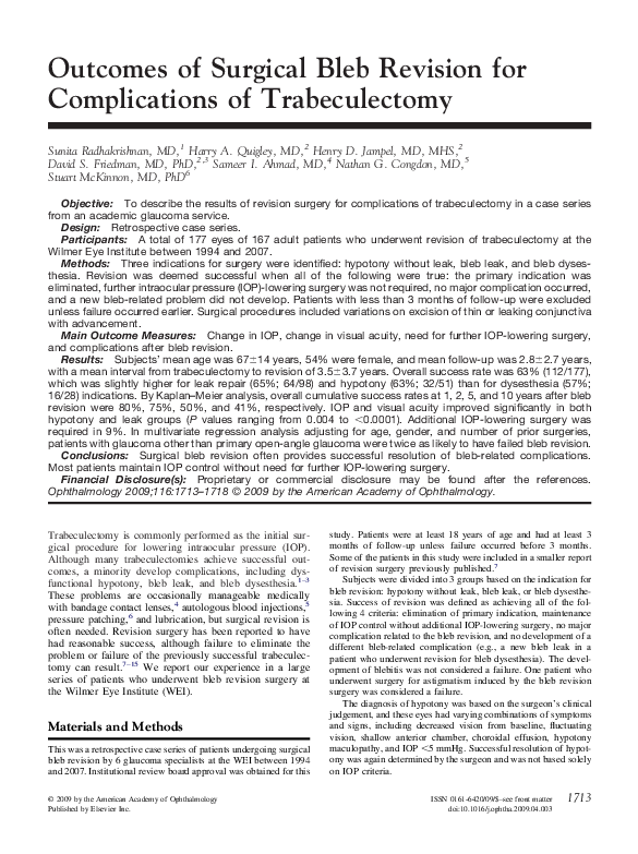 Pdf Outcomes Of Surgical Bleb Revision For Complications Of Trabeculectomy