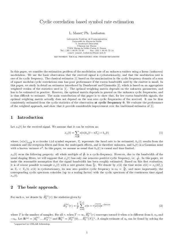 (PDF) Cyclic correlation based symbol rate estimation