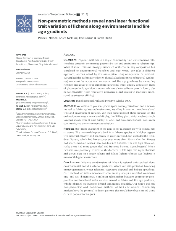 (PDF) Non-parametric methods reveal non-linear functional trait variation of lichens along ...