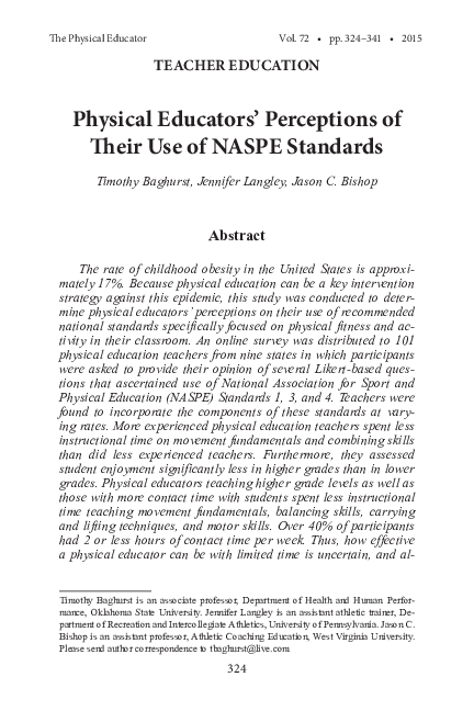 (PDF) Physical Educators' Perceptions of Their Use of NASPE Standards