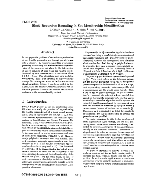 (PDF) Block recursive bounding in set membership identification