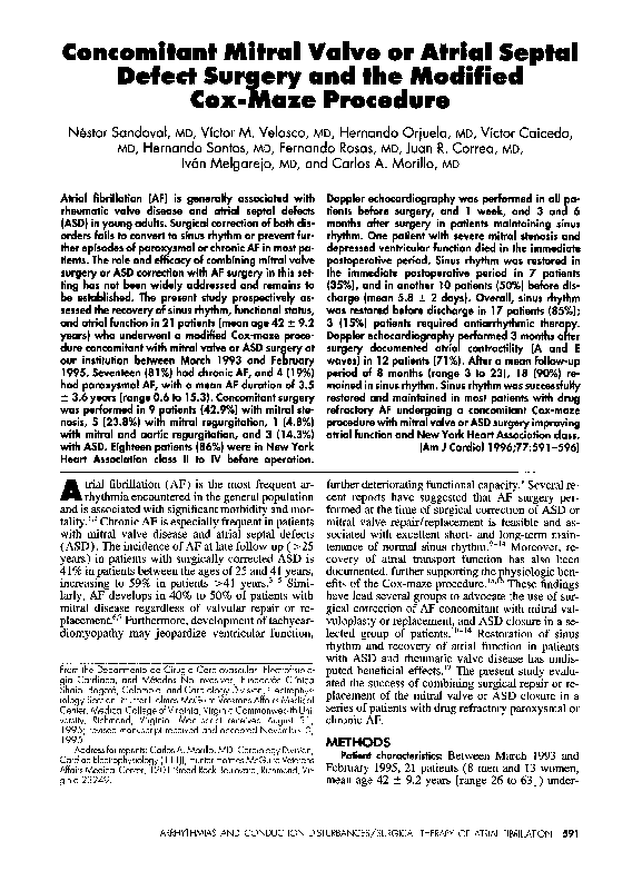 (PDF) Concomitant mitral valve or atrial septal defect surgery and the modified Cox-maze procedure