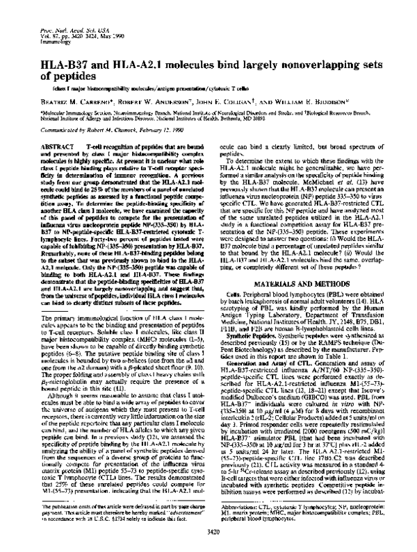 (PDF) HLA-B37 and HLA-A2.1 molecules bind largely nonoverlapping sets of peptides
