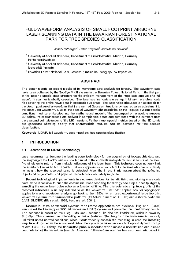 Pdf Full Waveform Analysis Of Small Footprint Airborne Laser Scanning Data In The Bavarian